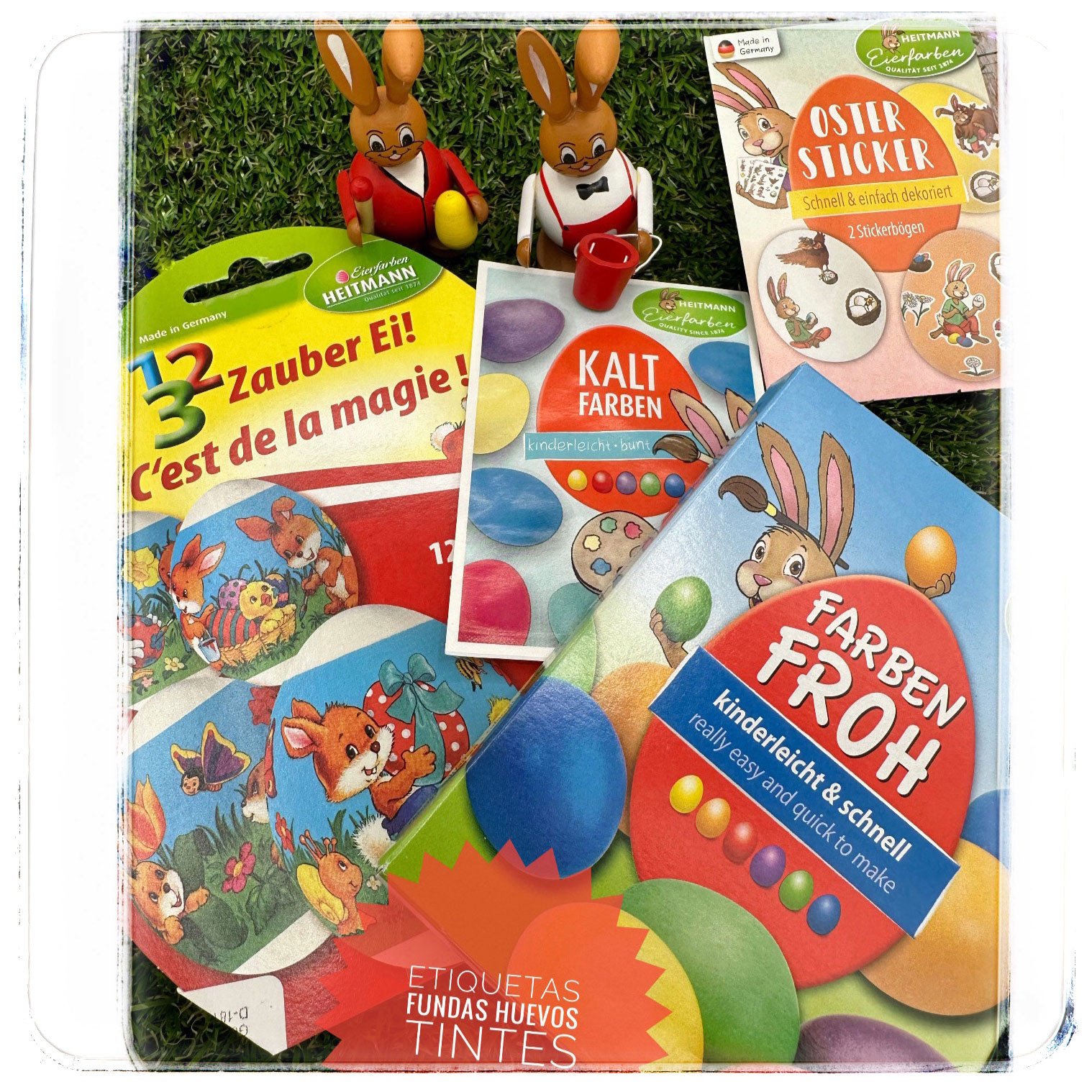 Pack Pascua: 2 conejitos, banderolas, etiquetas y tintes para huevos.
