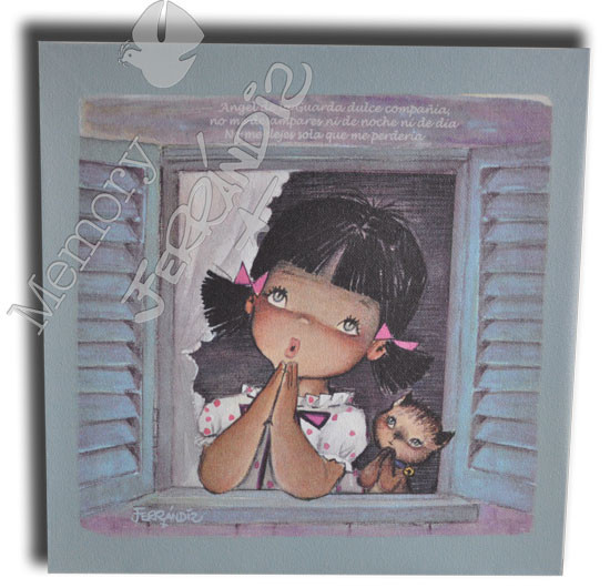 Digital canvas painting Ferrándiz "Girl and kitten praying" Numbered ...
